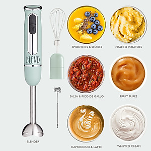 Rae Dunn Immersion Hand Blender- Handheld Immersion Blender with Egg Whisk and Milk Frother Attachments, 2 Speed Blender, 500 Watts, Stainless Steel Blade (Sage)