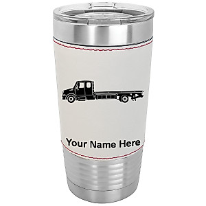LaserGram 20oz Vacuum Insulated Tumbler Mug, Flat Bed Tow Truck, Personalized Engraving Included (Faux Leather, Baseball Style)
