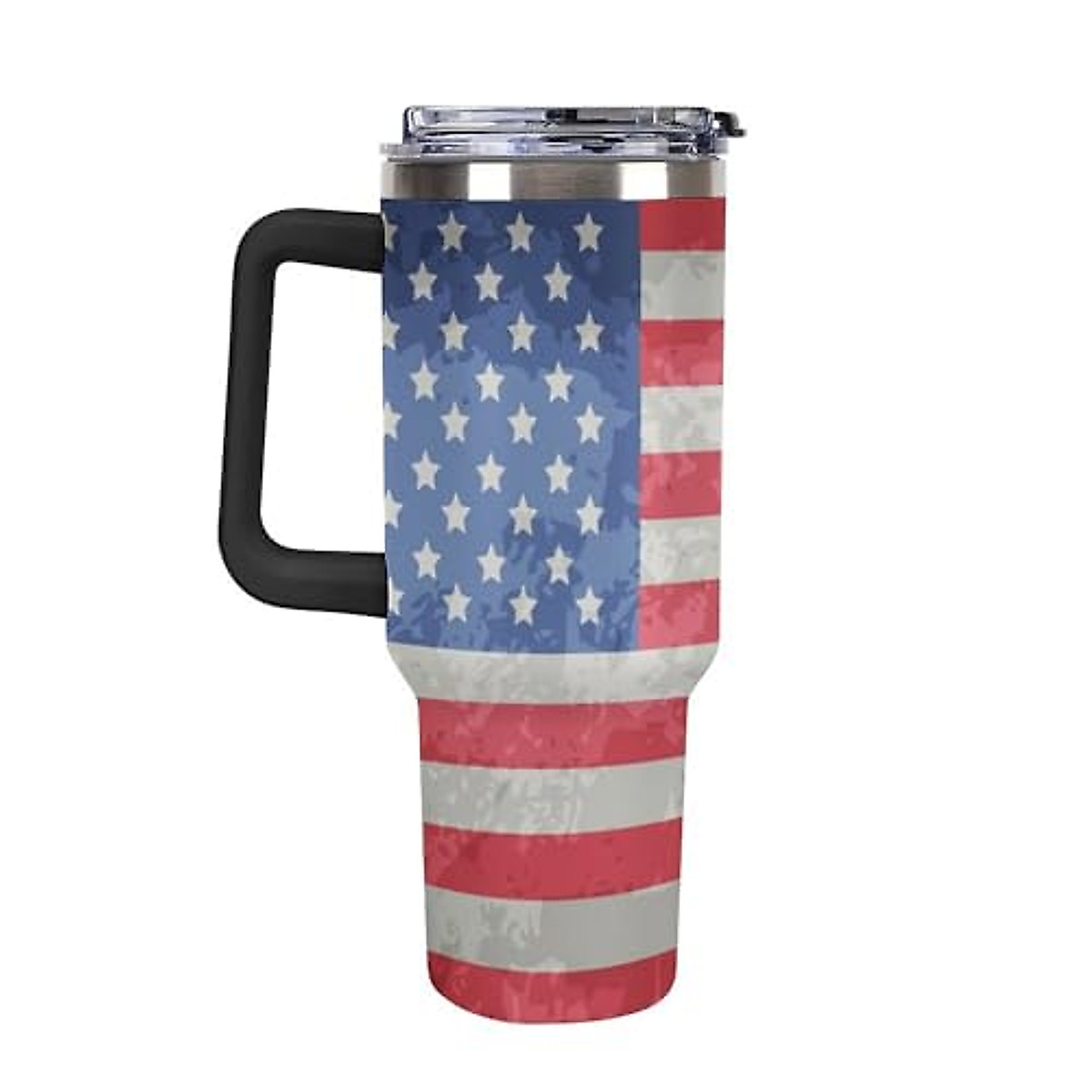 Water Bottle with Lid And Straw, Large Capacity Red Blue White American Flag 40 oz Travel Stainless Steel Cups, Handle Insulated Tumblers for Men, Women