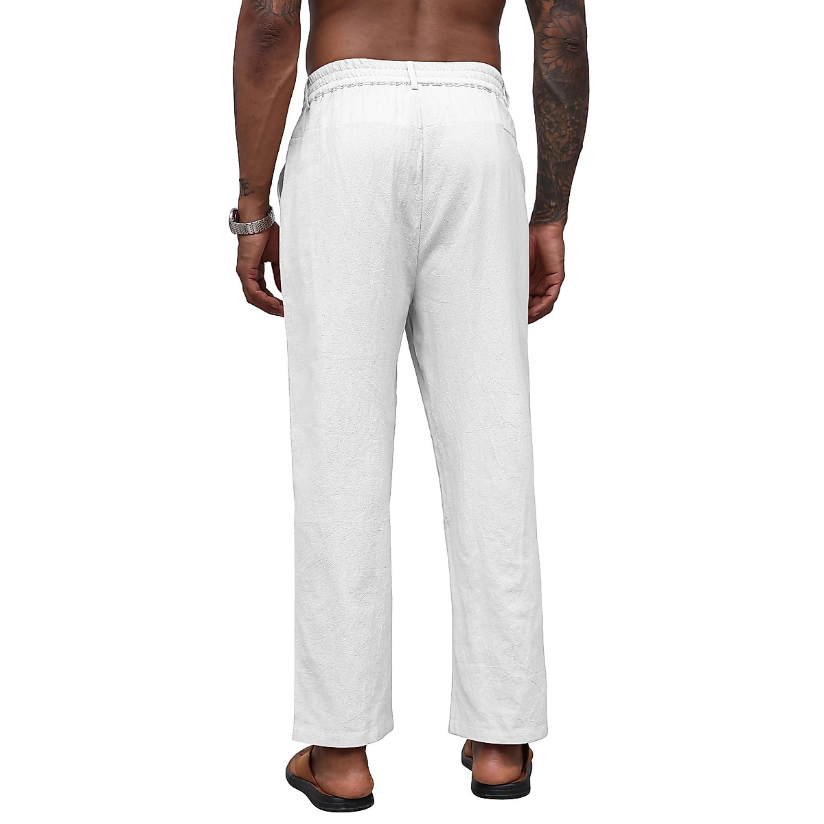 LVCBL Men's Linen Pants Straight Leg Linen Trousers Relaxed Long Pants with Pockets,White,XL