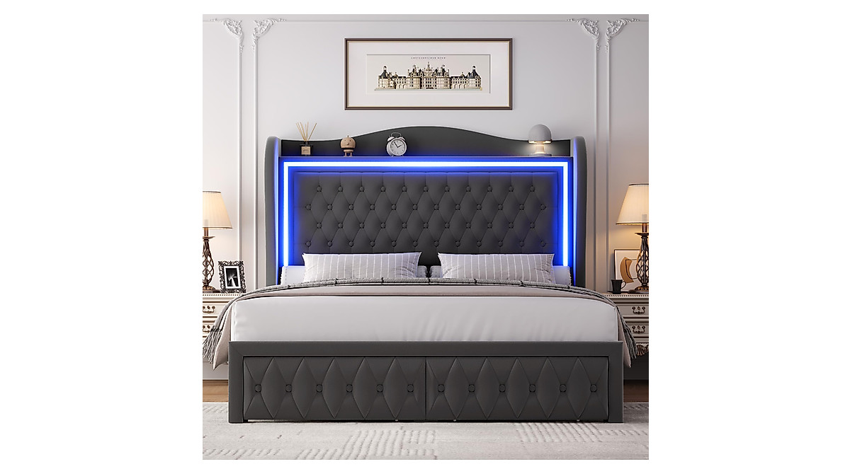 Elegant King Bed Frame with LED Lights & Storage Drawers