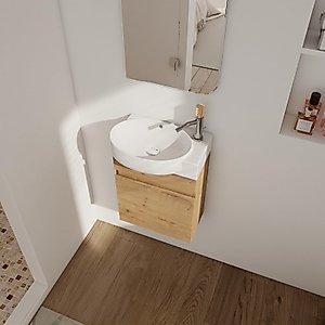 16 inch Floating Bathroom Vanity with Round Single Ceramic Sink, Wall Mounted Bathroom Cabinet with Soft Closing Door Bathroom Vanity and Sink Combo, for Small Space