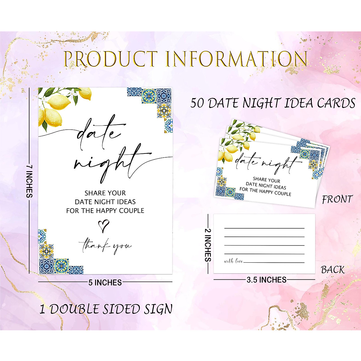 Blue Tiles and Lemons Date Night Game, Date Night Ideas Sign with 50 Cards, Bridal Shower Game, Modern Bridal Shower Decorations, Wedding Date Night Advice - 02