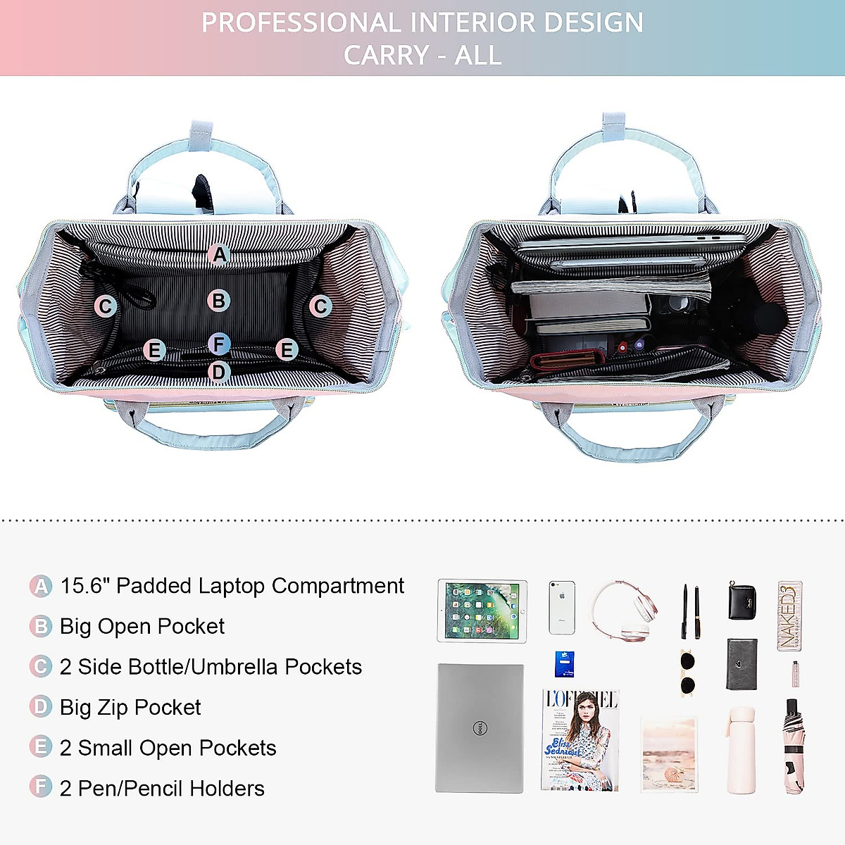 LOVEVOOK Laptop Backpack for Women Fashion Business Computer Backpacks Travel Bags Purse Doctor Nurse Work Backpack with USB Port, Fits 15.6-Inch Laptop Pink-Sky Blue