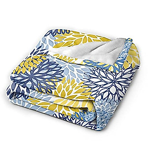 Abucaky Blue Yellow Navy Chrysanthemum Flowers Fleece Throw Blanket Ultra Soft Cozy Decorative Flannel Blanket All Season for Home Bed Couch Chair Travel 80x60in