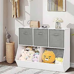 Iwell Toy Storage Cabinet with 3 Drawers, Kids Bookshelf, Kids Toy Organizer, 8 Cubicles, Bookcase Footboard, Bookshelf for Kids, for Playroom, Bedroom, Nursery, School, White