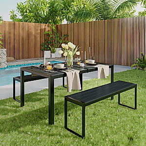 VICLLAX Outdoor Dining Set All Weather Patio Furniture with Slatted Patio Dining Table and 2 Outdoor Benches for Backyard Garden Poolside Deck, 3 Pieces Black