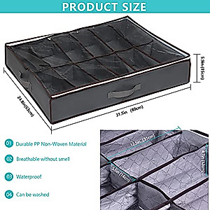 VINIKE Under Bed Shoe Storage Organizer 2 Set Fits Total 24 Pairs Clear Foldable Shoes Organizer with Reinforced Handles and Clear Top Cover for Kids & Adults Underbed Shoes Storage Containers (Grey)