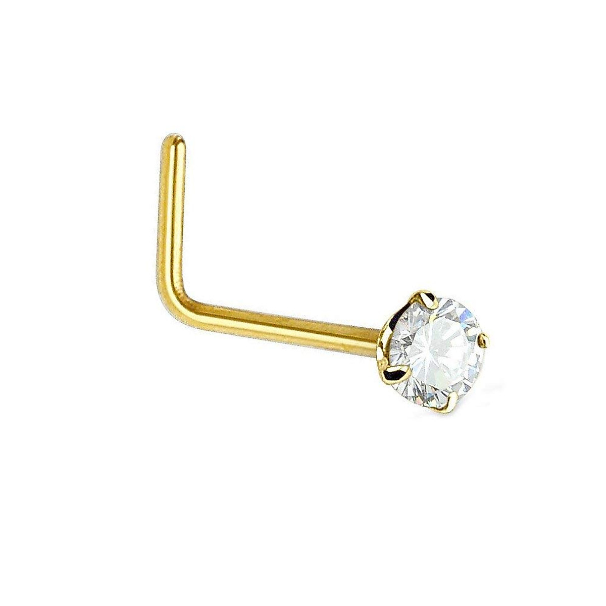 JewelStop 14K Solid Yellow Gold Nose Ring Bone CZ Prong Set - 0.5mm 24 Gauge 8mm Long