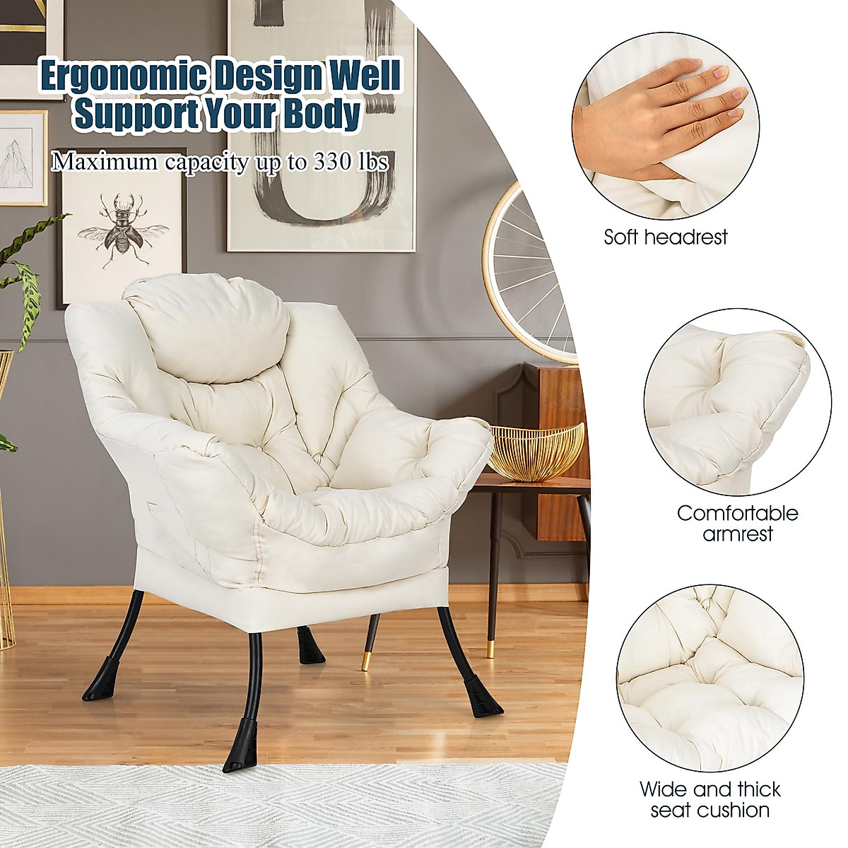 Giantex Modern Lazy Chair, Accent Contemporary Lounge Chair Polyester Fabric w/Steel Frame, Upholstered Single Sofa Chair w/Armrests & Side Pocket, Leisure Sofa Chair (Beige)