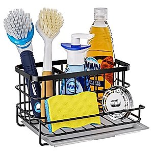 HapiRm Kitchen Sink Organizer with Drain Tray, Waterproof and Rustproof Stainless Steel Dish Brush Holder, Sponge Holder for Kitchen Sink - Black