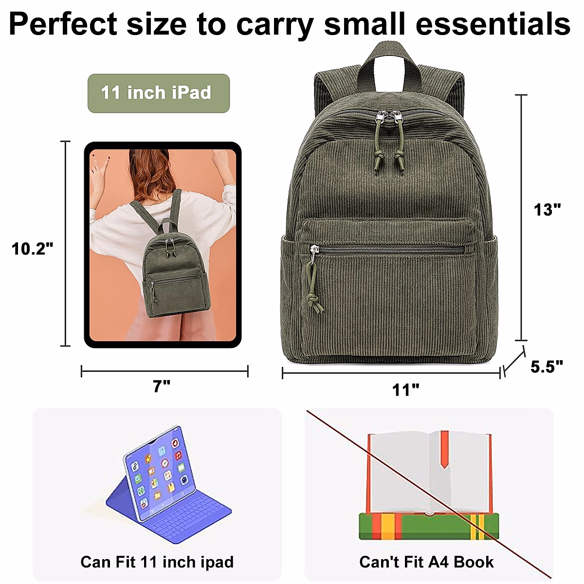 Bluboon Girls Mini Backpack Women Small Backpack Purse Teens Cute Casual School Bookbag(Corduroy Army Green)