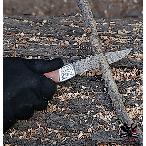 Capra Knives CK-52 Handcrafted Folding Engraved Brass Pocket Knife 4” Folded, 7.25” Long Overall, 4.5oz Olive Wood Handle, Damascus Blade with Leather Sheath