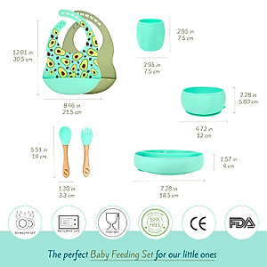 Silicone Baby Feeding Set | truku truku ® | Baby Dinnerware Set - 2 Bibs with Food Catcher, Suction Plates for Baby, Bowl, Toddler Cup, Bamboo Spoon and Fork - Baby Avocado Stuff - 7 pcs (Mint)