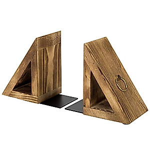 MyGift Rustic Burnt Wood Office Decor Bookends with Triangular Design, Decorative Wooden Bookend Book Stand with Brass Tone Ring Accent, 1 Pair