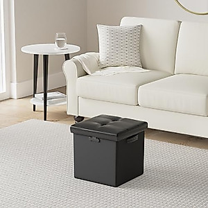 ENGPOW Storage Ottoman,Fireproof ＆ Waterproof Folding Ottoman Cube Storage Stool with Lock,Leather Square Ottoman Storage Chest Safe for Living Room, Bedroom, Home Office,Dorm,15"x15"x15",Black