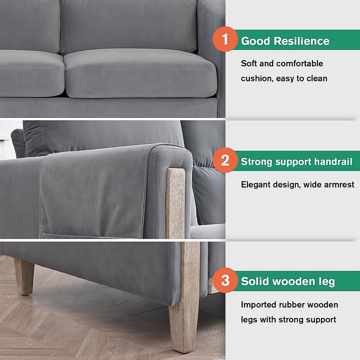 Dvasovio 79.5" Velvet Sofa Couch, Comfortable Solid Wood Frame 3-Seater Sofa, Soft Cushions, Durable and Long-Lasting, Sofa Couch for Living Room (Grey)