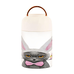 CUPADA Funny Cat Cute Food Jar, Bunny Rabbit Ears Insulated Hot Food Jars Vacuum 17OZ with Folding Spoon for Work Trip Picnic Camping
