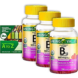 Vitamin B12 Organic Vegetarian Gummies, Metabolism Support with Methylcobalamin by Spring Valley, 500 mcg, 200 Ct (3 Pack) + “Vitamins & Minerals - A to Z - Better Idea Guide©”