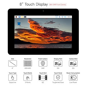 waveshare 8inch Capacitive Touch Display Compatible with Raspberry Pi 5/4B/3B+/3A+/3B/2B/B+/A+/CM3/3+/4 800×480 Resolution with 5MP Front Camera DSI Interface