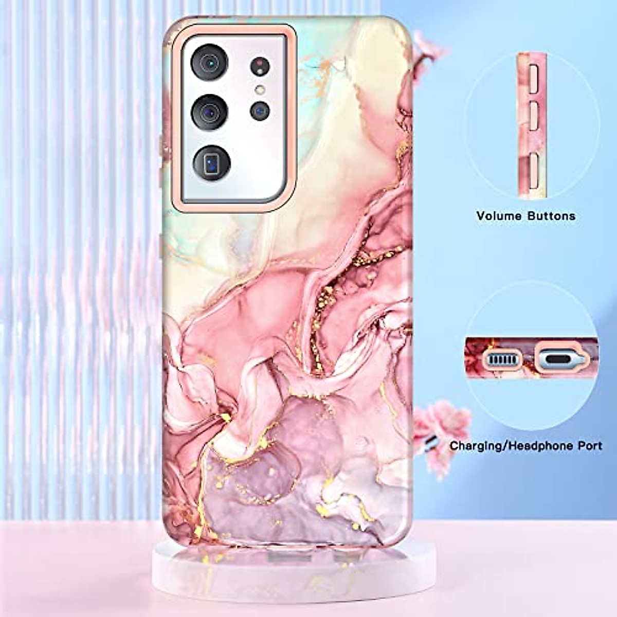 Btscase for Galaxy S21 Ultra Case, Marble Pattern 3 in 1 Heavy Duty Shockproof Full Body Rugged Hard PC+Soft Silicone Drop Protective Women Girl Covers for Samsung Galaxy S21 Ultra 6.8 inch, Rose Gold