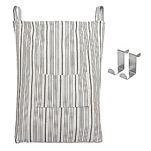 AELS Farmhouse Hanging Laundry Hamper with 2 Hooks, Washable Beige & Stripes Linen Laundry Bag with Zipper & Wide Open Top, Over the Door Organizer for Dirty Clothes, Space Saving Storage