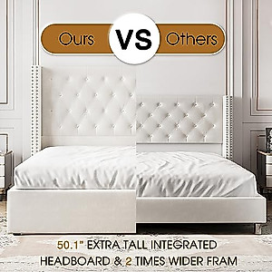 PaPaJet Lift Up Storage Bed King Size Upholstered Platform Bed Frame Button Tufted Wingback Headboard Hydraulic Lifting Storage Underneath/Wood Slats Support/Easy Assembly/Cream