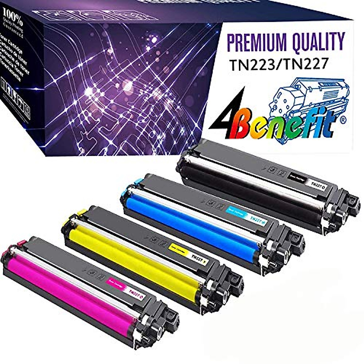 (4-Pack) 4Benefit Compatible TN227 TN-227 Toner Cartridge TN 227 Combo 4-Pack B/C/Y/M Set Replacement for Brother MFC L3750CDW HL-L3270CDW HL-L3230CDW MFC-L3710CW Laser Printer