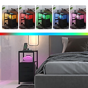 Rietolax Narrow Side Table with Charging Station, End Table with Led Light, Black Nightstand with 2 Drawers, 3-Tier Storage, Wheels and USB Ports & Outlets for Bedroom