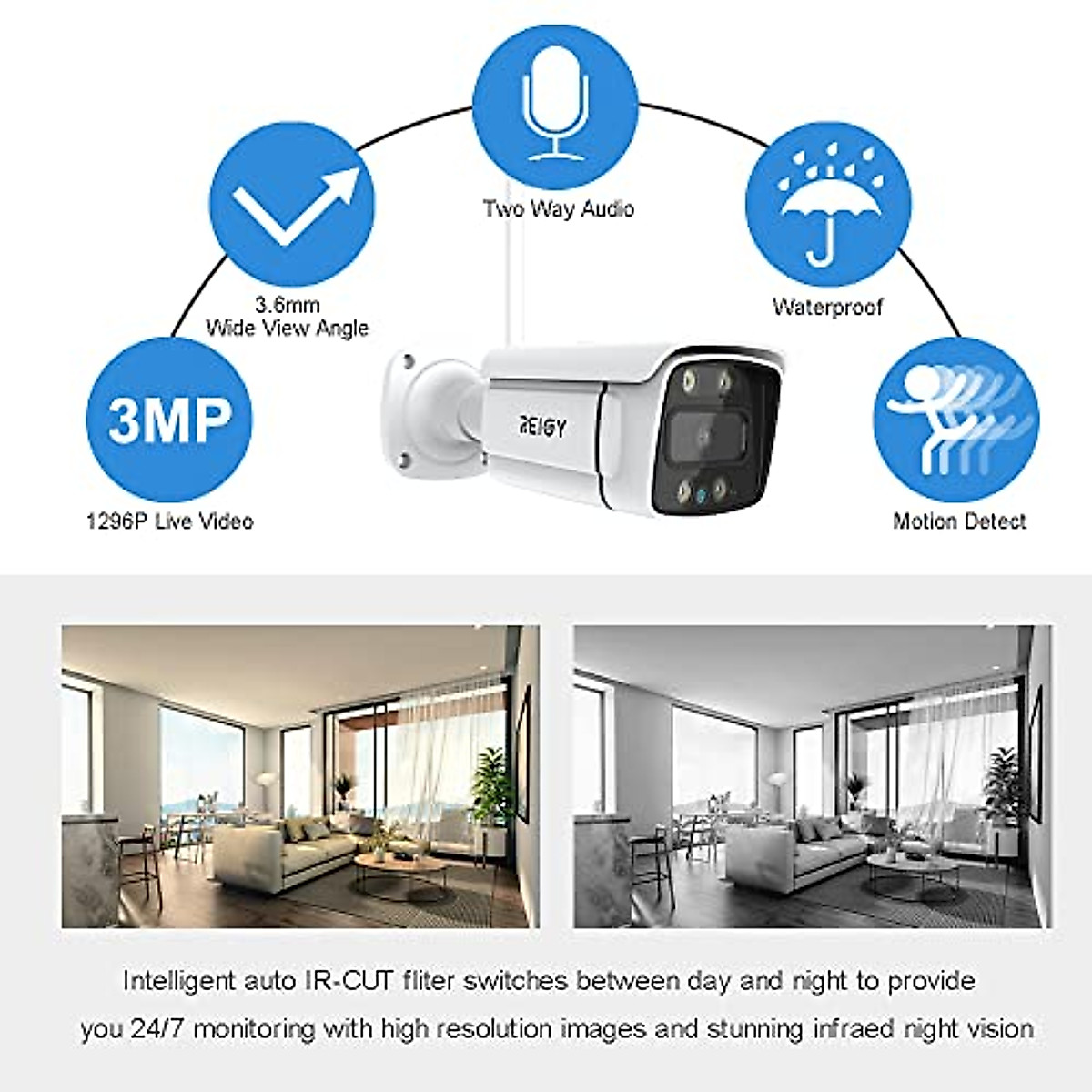 REIGY 3MP WiFi Security Camera System with Floodlight Without Hard Drive, 2K Outdoor Home Surveillance Set 8CH 5MP NVR + 4X 1296P IP Cam, 2-Way Audio Remote View Color Night Vision Motion Detection