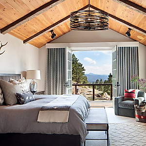 ACNKTZ 19.7'' Farmhouse Dining Room Light Fixture, 5-Light Metal Drum Chandelier, Black with Retro Wood Texture Interior