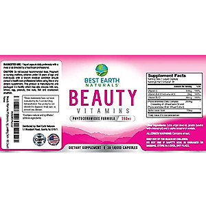 Best Earth Naturals Beauty Vitamins Phytoceramide Pills - Skin Hydrating Support Supplement with Alpha Lipoic Acid and More to Help Promote Hydrated Skin - 30 Count