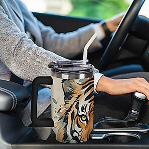 MNVTSKOP 40 Oz Tumbler With Handle And Straw Black Year of The Tiger Tiger Face Printed Stainless Steel Car Cup Coffee Mug Leak Proof Insulated Water Bottle for Travel Camping Gym