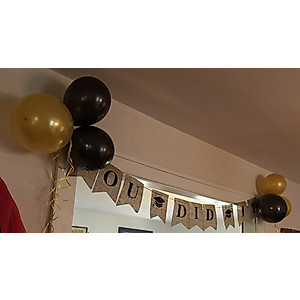 YOU DID IT Graduation Banner - Grad Party Supplies and Decorations - Gold and Black Balloons - Ready to Hang Graduation Burlap Banner by Jolly Jon