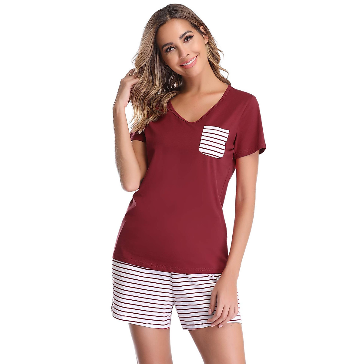 Vlazom Womens Pajama Set Cotton Short Pj Set Summer Stripe Lounge Set for Sleeping Yoga Gym Running Dark Red