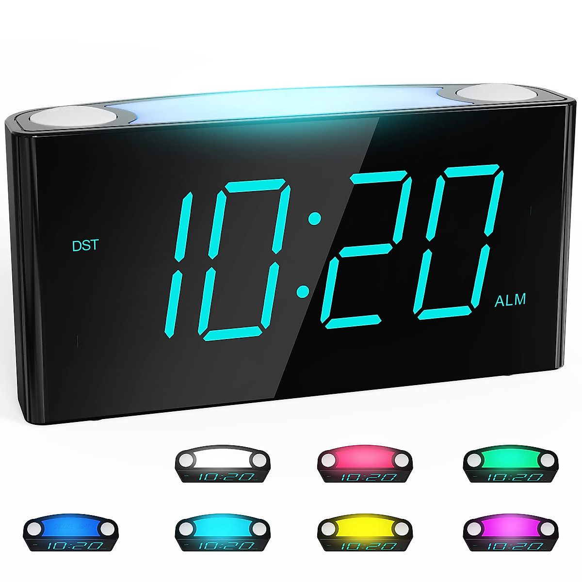 Rocam Digital Alarm Clock for Bedrooms - Large 7.5'' LED Display with Dimmer, Snooze, 7 Color Night Light, Easy to Set, USB Chargers, Battery Backup, 12/24 Hour for Kids,Heavy Sleepers(Blue)