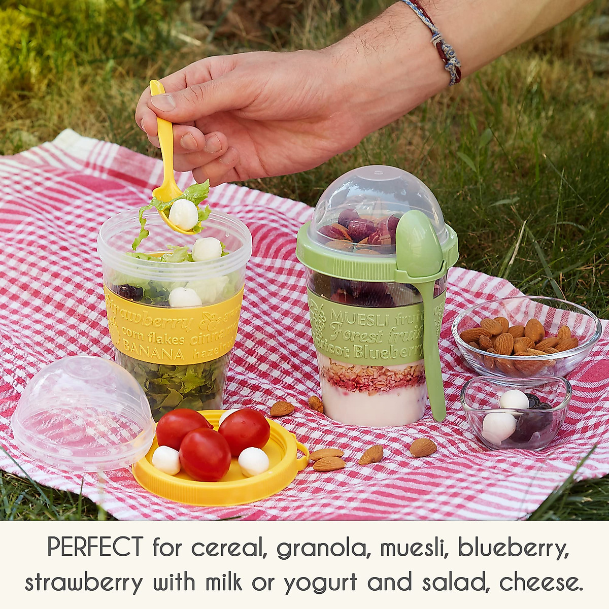 Yogurt Parfait Cups for Breakfast, Oatmeal or Fruit Container, Snack Bowl and Spoon for Lunch Box, Portable & Reusable, 2 PCs (Green & Yellow)