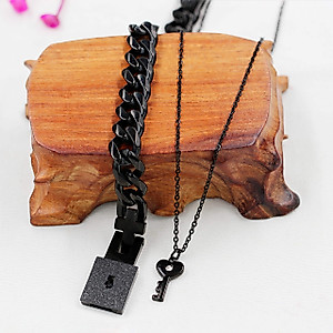 Uloveido Black Stainless Steel Couples Lock Bracelet and Key Pendant Necklace Matching Jewelry Set for Girlfriend Boyfriend Y808 (Black)