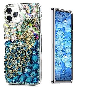 STENES Sparkle Case Compatible with Samsung Galaxy Z Fold 2 5G Case - Stylish - 3D Handmade Bling Peacock Rhinestone Crystal Diamond Design Girls Women Cover - Blue