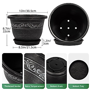 QCQHDU Plant Pots, 3 Packs 12 inch Planters with Drainage Hole Saucer, Plastic Flower Pots for Indoor Plants Retro Decorative for Outdoor Garden Container Sets(Silver-12 inch)
