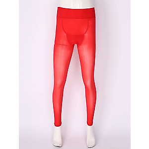 Jugaoge Men's Oily Glossy See Through Long Pants Slim Stretchy Leggings Tights Sissy Crossdresser Red One Size