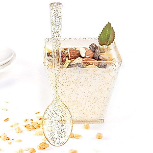WDF 8oz Gold Glitter Medium Large Plastic Dessert Cups With Spoons-51 Disposable Square Plastic Cups & 51 Gold Glitter Tasting Spoons