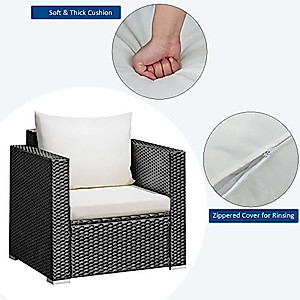 Tangkula 3 Pieces Patio Furniture Set, PE Rattan Wicker Sofa Set w/Washable Cushion and Tempered Glass Tabletop, Outdoor Conversation Furniture for Garden Poolside