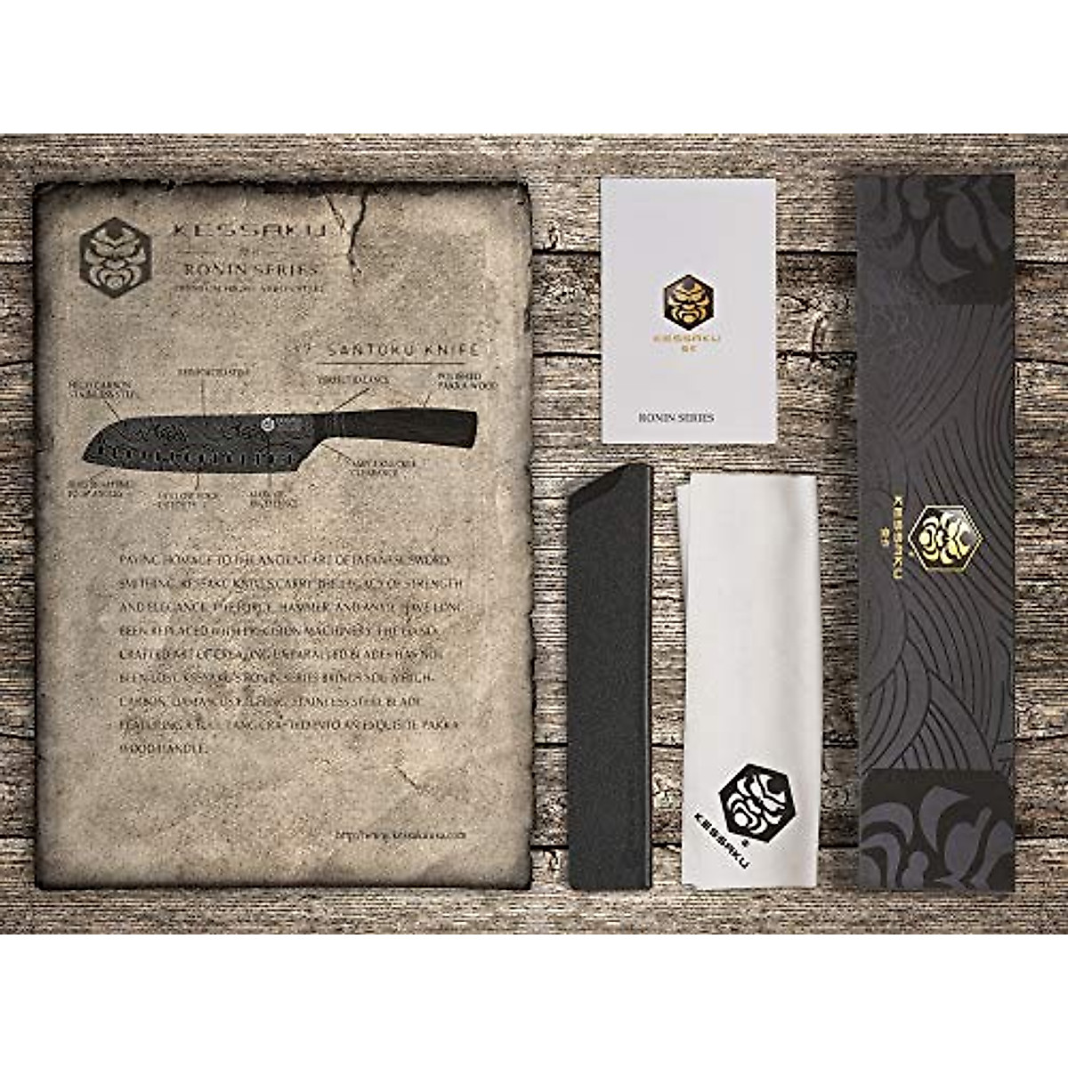 KESSAKU 7-Inch Santoku Knife - Ronin Series - Granton Edge - Forged High Carbon 7Cr17MoV Stainless Steel - Pakkawood Handle with Blade Guard