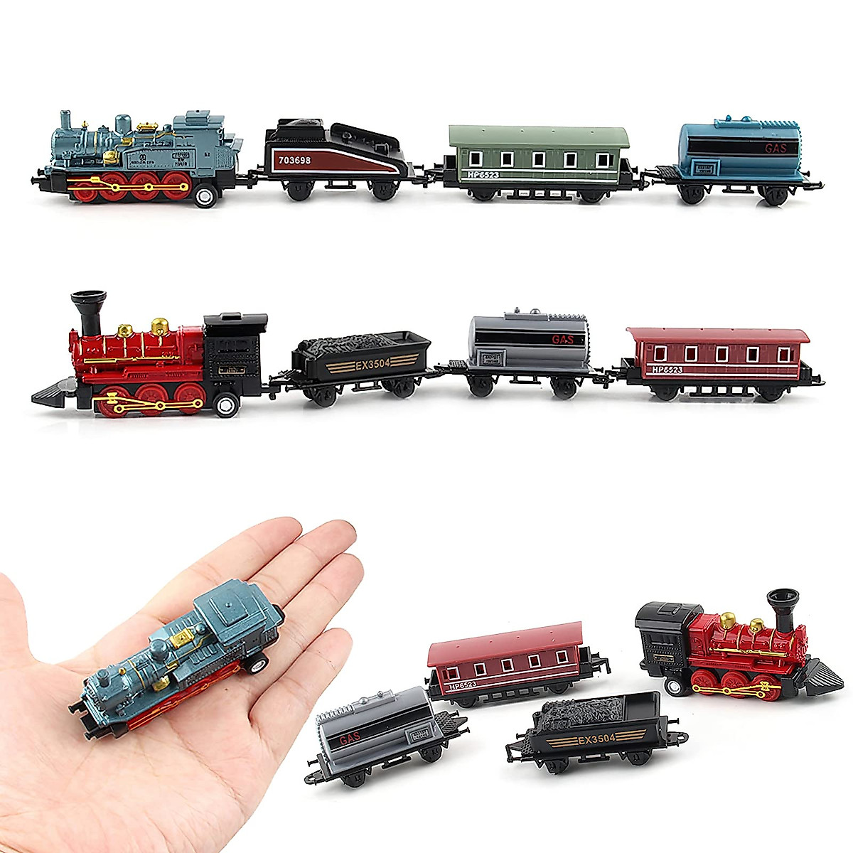 Mini Alloy Retro Steam Train Toy Kit Die-Cast Pull Back Simulation Steam Train Model Toys for 3 4 5 6 Years Old Kids Boys and Girls 8PCS