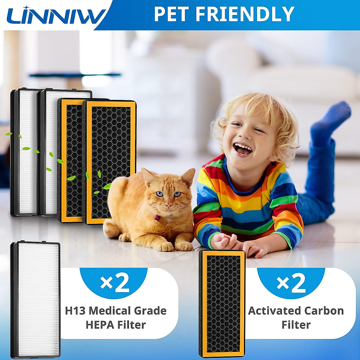 LINNIW Replacement Filter Pack Compatible with HoMedics PetPlus at-PETODR Filter and TotalClean at-OFL Filter for AT-PET01, AT-PET02, AR-45, 4 Pack