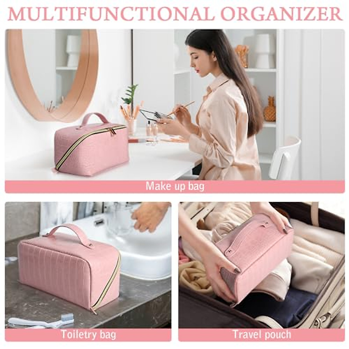 Sanshisi Travel Makeup Bag, Waterproof Leather Portable Cosmetic Travel Bag for Women Large Capacity Cosmetic Organizer Pouch with Compartments and Handle, Pink