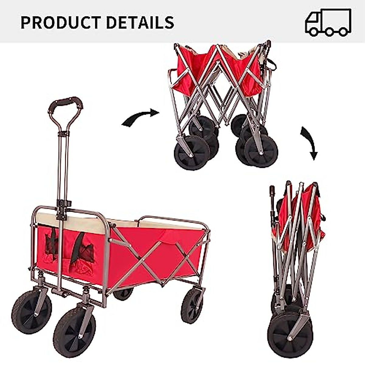 Folding Wagon Cart Beach Wagon Utility Wagon Cart Outdoor Heavy Duty Garden Portable Hand Cart with All-Terrain Wheels & Adjustable Handle (Red+White)
