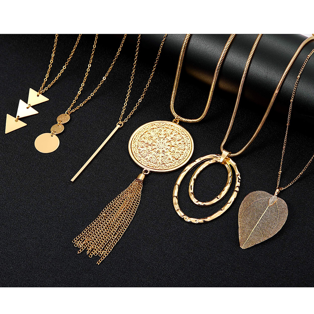 Fesciory 6 PCS Long Pendant Necklace for Women, Gold Bar Circle Leaf Triangle Tassel Y Necklace Set(Set 2)
