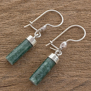 NOVICA Artisan Jade Dangle Earrings Green Cylindrical from Guatemala Sterling Silver [1.4 in L x 0.2 in W x 0.2 in D] ' Green Mayan Pillars'